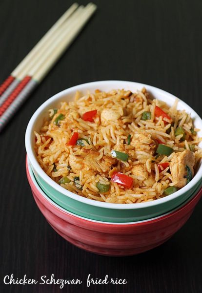 schezwan chicken fried rice recipe | spicy chicken fried rice - Mayo ...